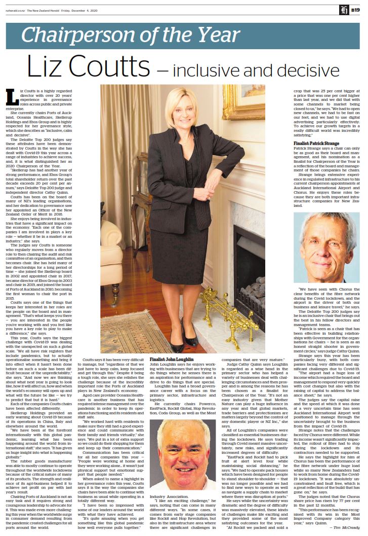 Deloitte Top 200: Liz Coutts named Chair of the Year (NZ Herald) - Tim ...