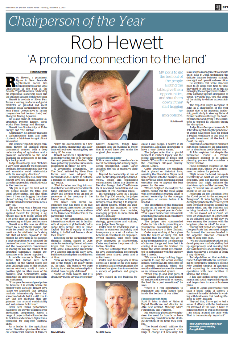 Silver Fern Farms’ Rob Hewett wins Chairperson of the year at Deloitte ...